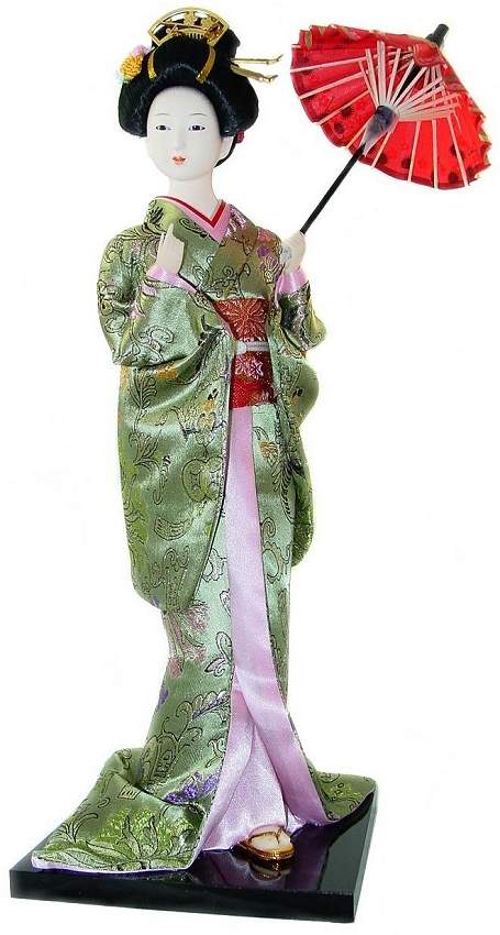 16" Geisha in Green with Parasol - Porcelain Geisha Doll